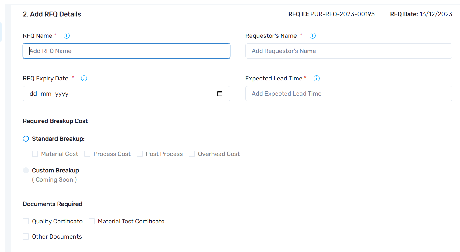 How do I create a Request for Quotation (RFQ) and specify my ...