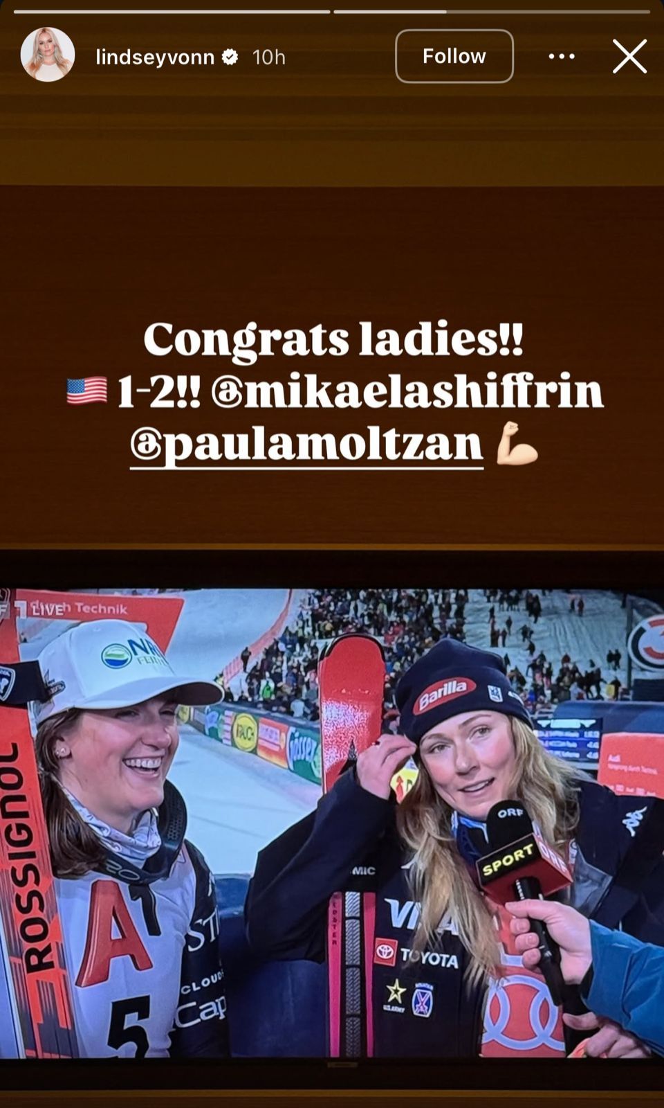 Lindsey Vonn Reacts As Mikaela Shiffrin and Paula Moltzan Go 1–2 in ...